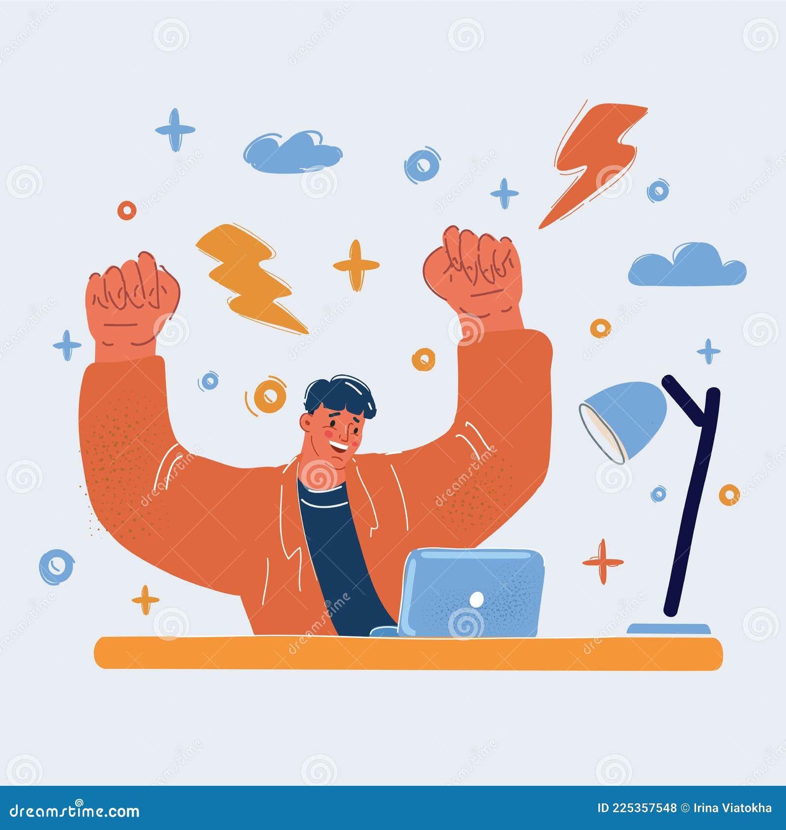 Vector Illustration of Success Man Work at Laptop and Winning. Stock ...