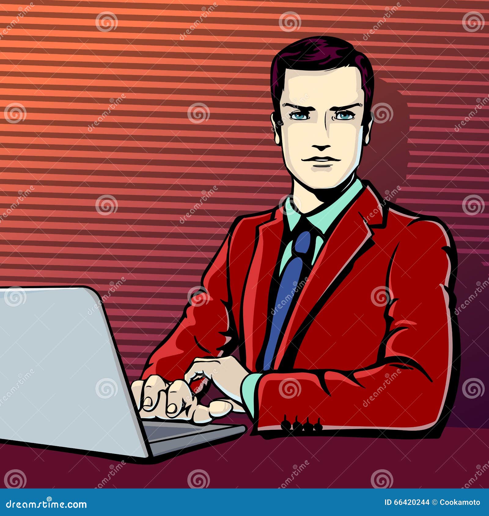Vector Illustration Of Successful Businessman With Computer In Pop Art