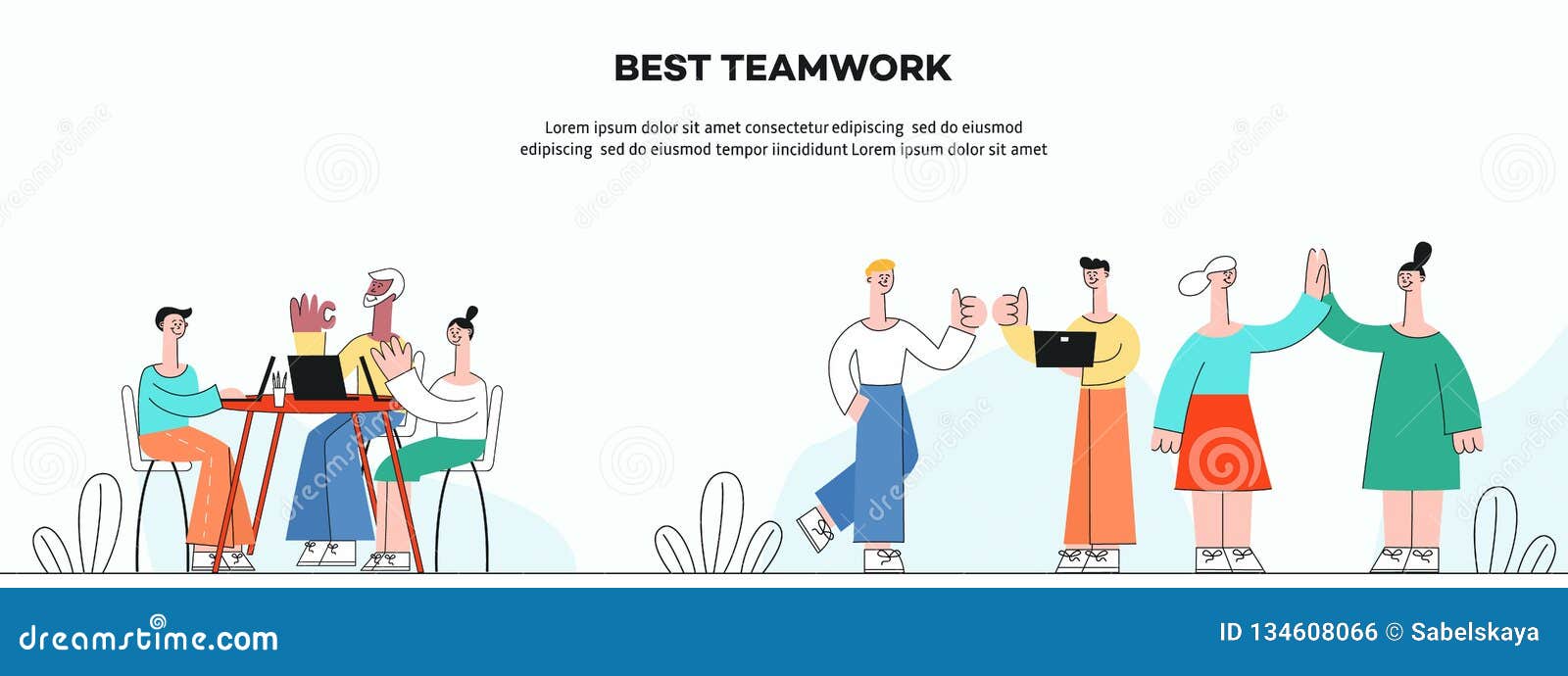 Vector Illustration of Successful Teamwork Horizontal Banner in Flat ...