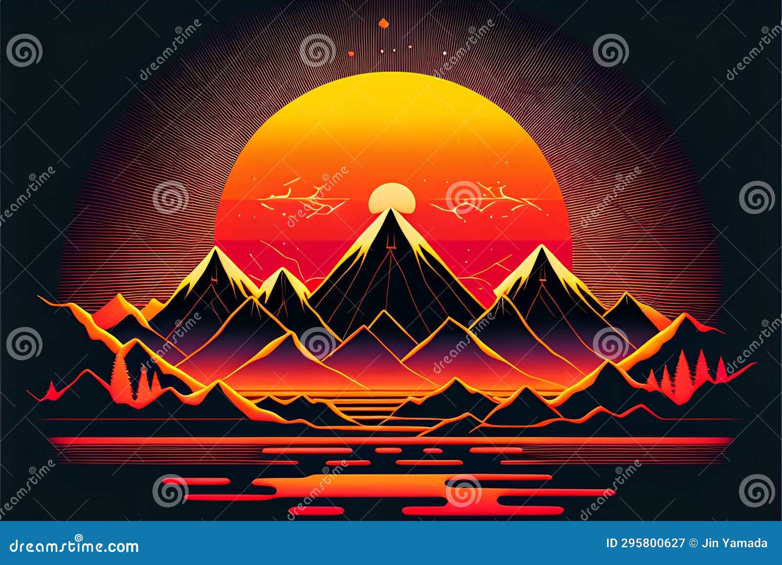 Vector Illustration of the Sun Rising Over the Mountains in Retro Style ...