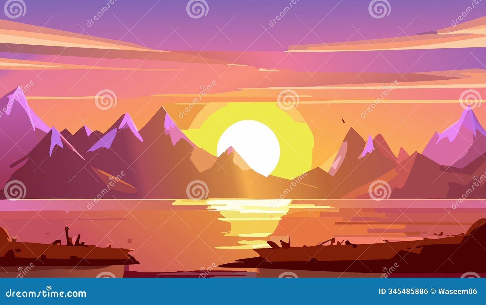 Vector Illustration of a Sunset Over the Lake and Mountains. Cartoon ...