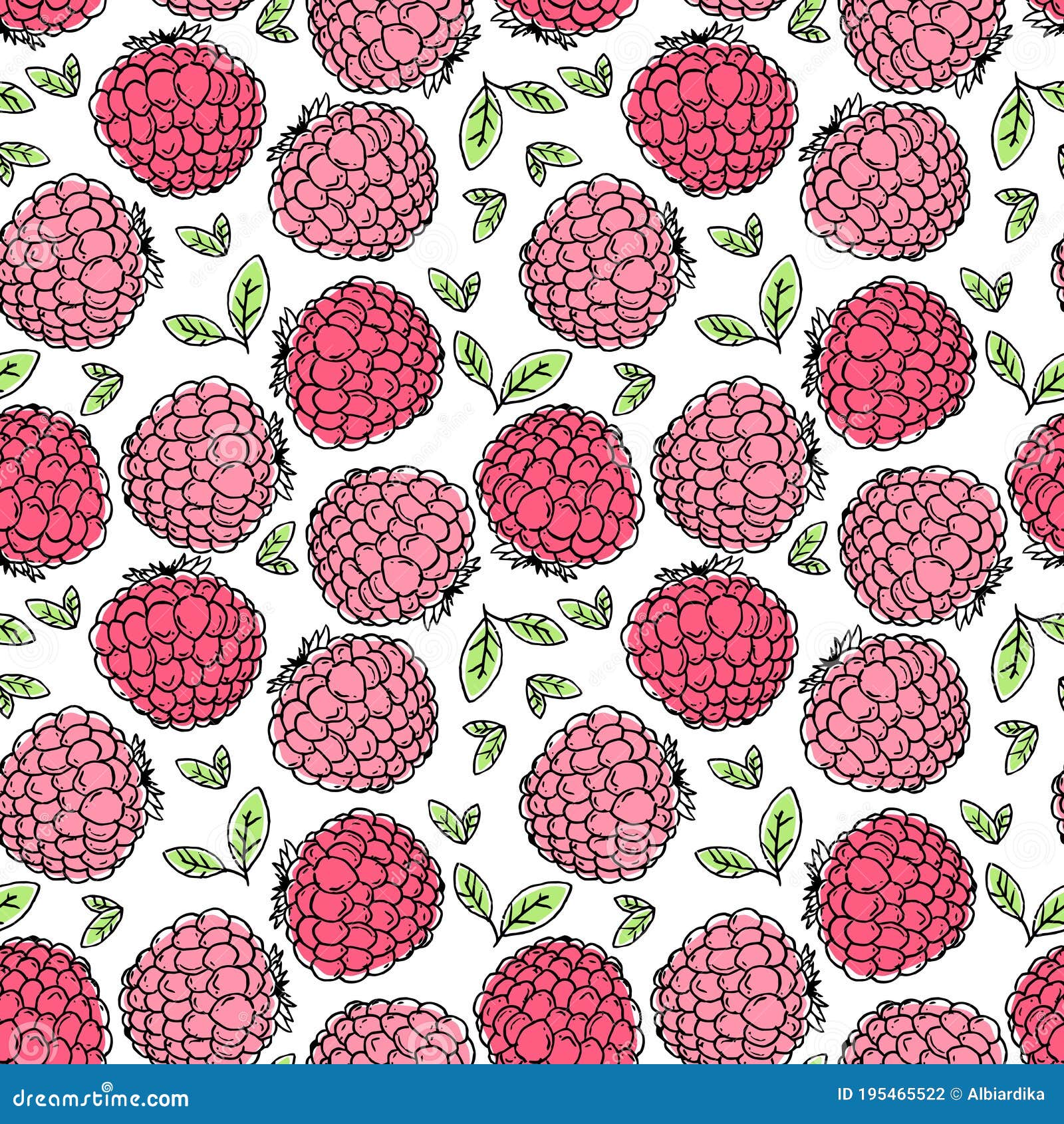 Sweet Fresh Red Pink Raspberry Fruit Repeat Seamless Pattern Doodle ...