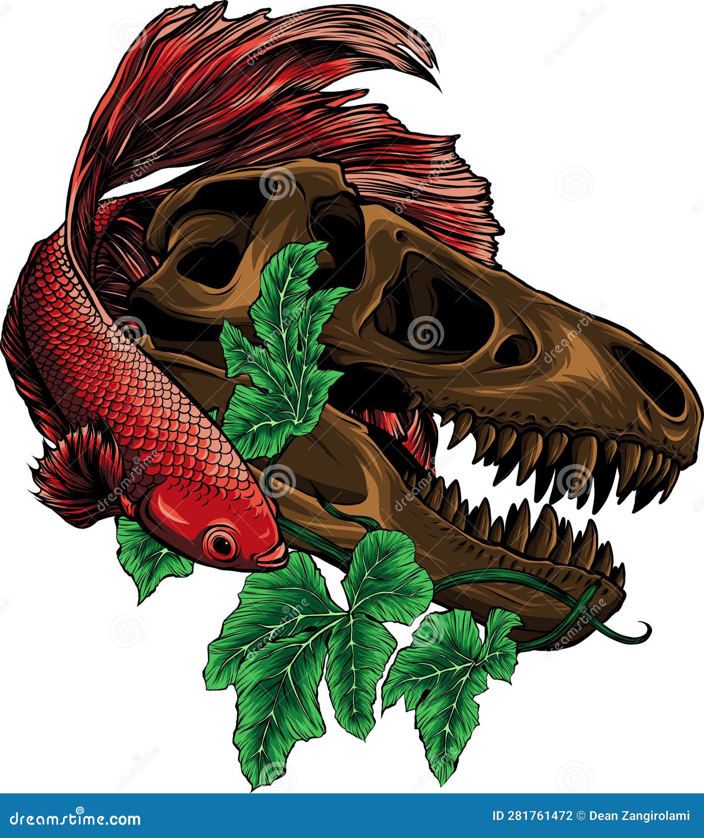 Vector Illustration of T-rex Skull with Betta Fish Stock Vector ...