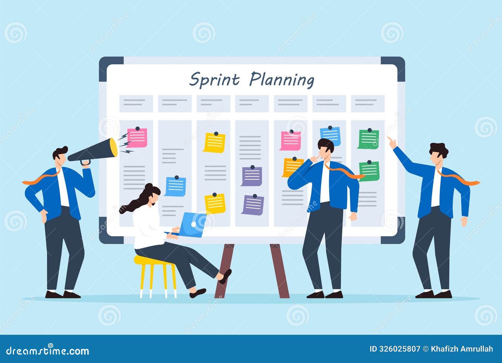 Vector Illustration Of Team Collaborating On Whiteboard Sprint Planning ...