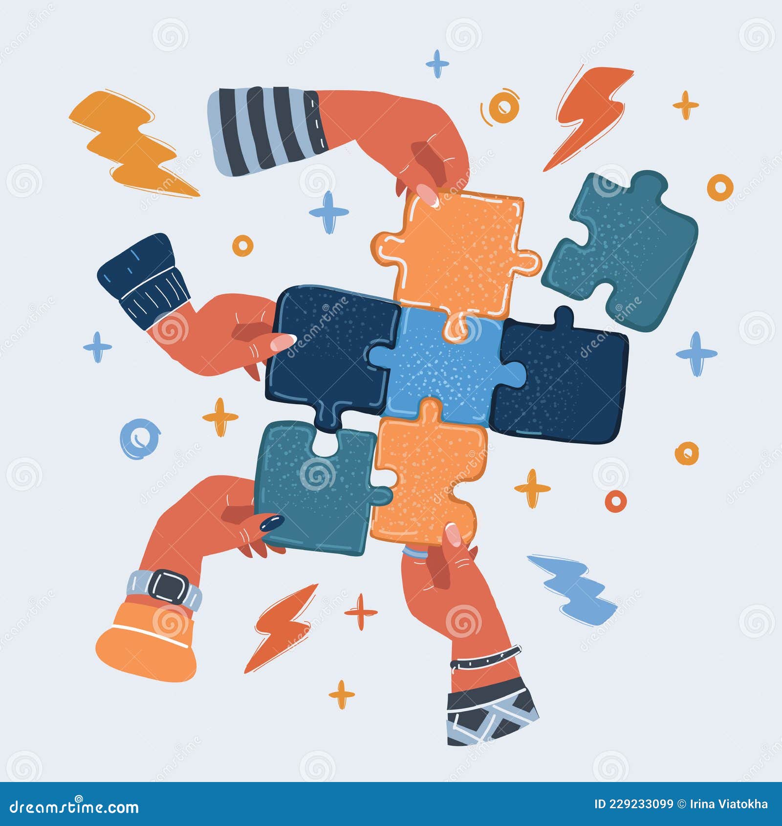 Vector Illustration of Team Making a Puzzle. a Hand Puts Proper Puzzle ...