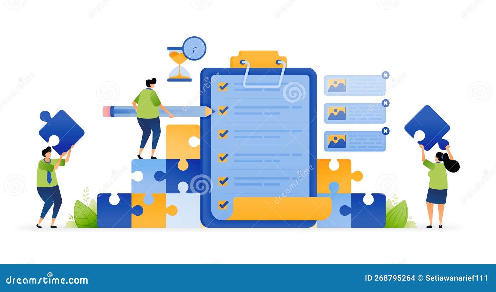 Vector Illustration of Teamwork in Action. Completing Tasks with Checklists and Surveys ...