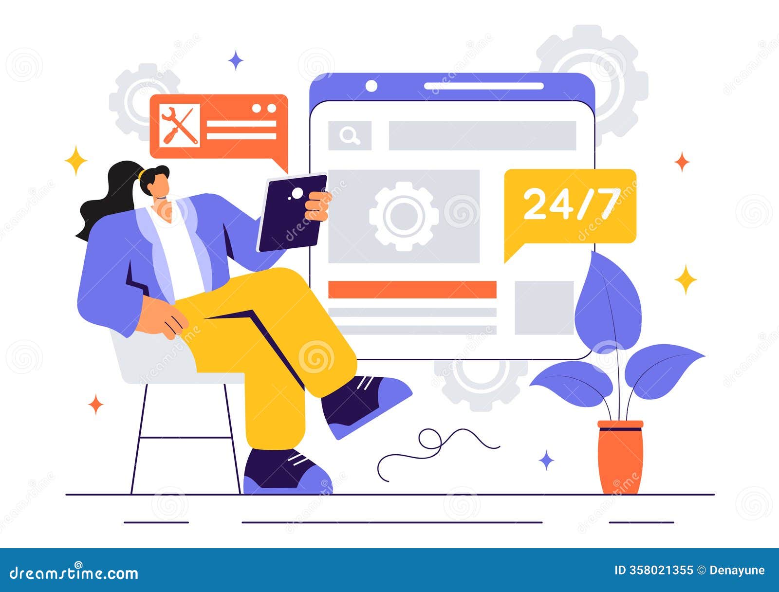 Vector Illustration of a Technical Support System Featuring Software ...