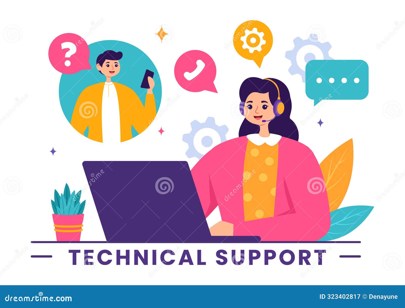 Vector Illustration of a Technical Support System Featuring Software ...
