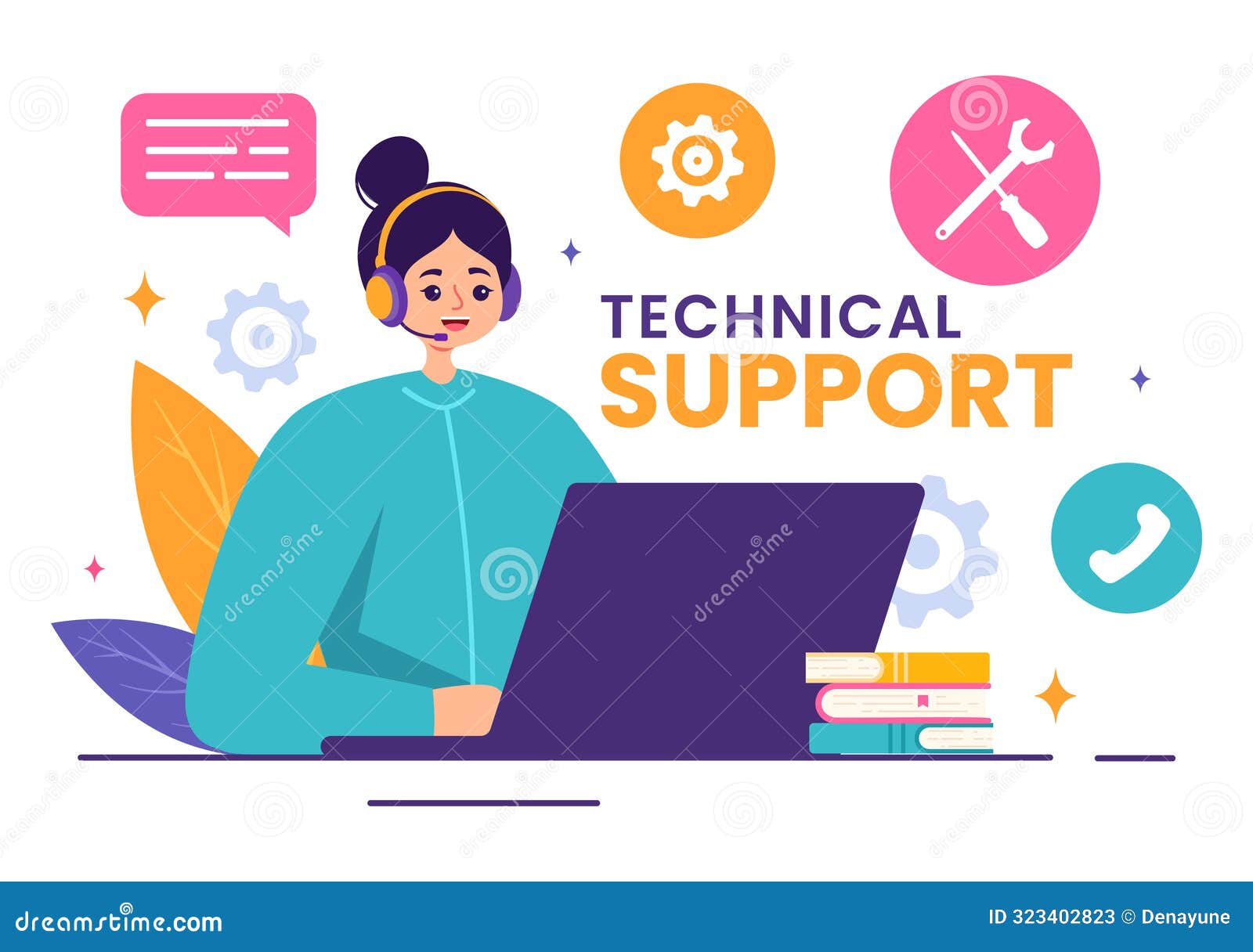 Vector Illustration of a Technical Support System Featuring Software ...