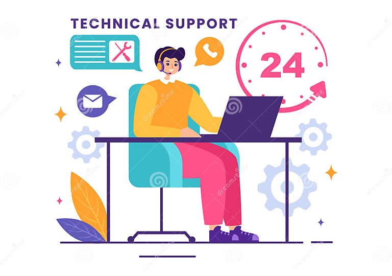 Vector Illustration of a Technical Support System Featuring Software Development, Customer ...