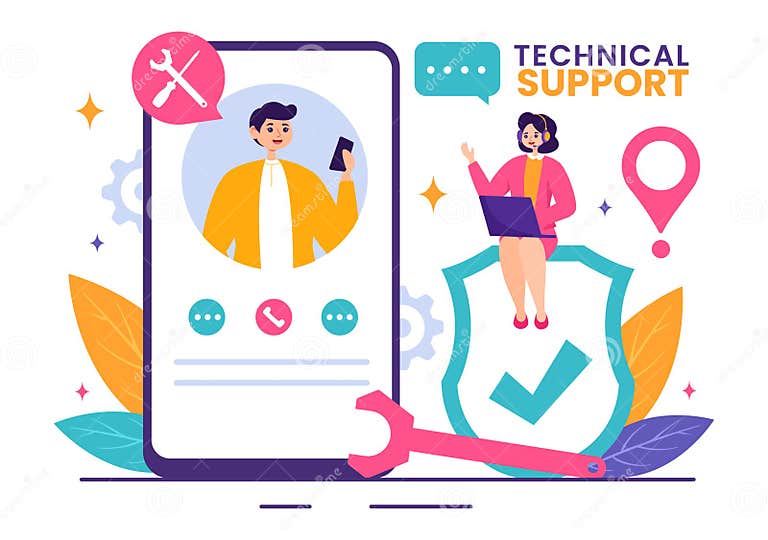 Vector Illustration of a Technical Support System Featuring Software ...
