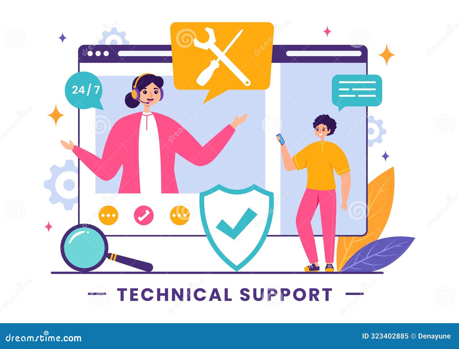 Vector Illustration of a Technical Support System Featuring Software ...