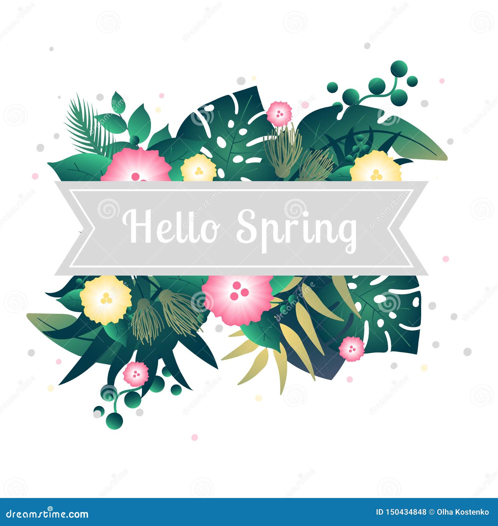 Template Card Hello Spring with Tropical Leafs Stock Vector ...