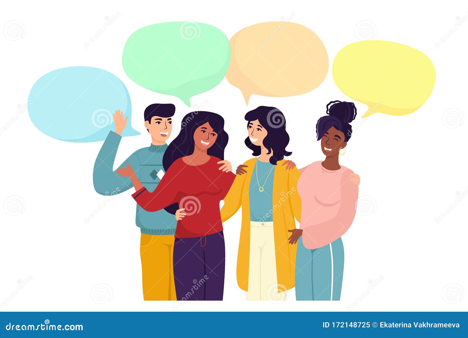 Vector Illustration with Text Bubbles, Flat Style. Friends Communicate ...