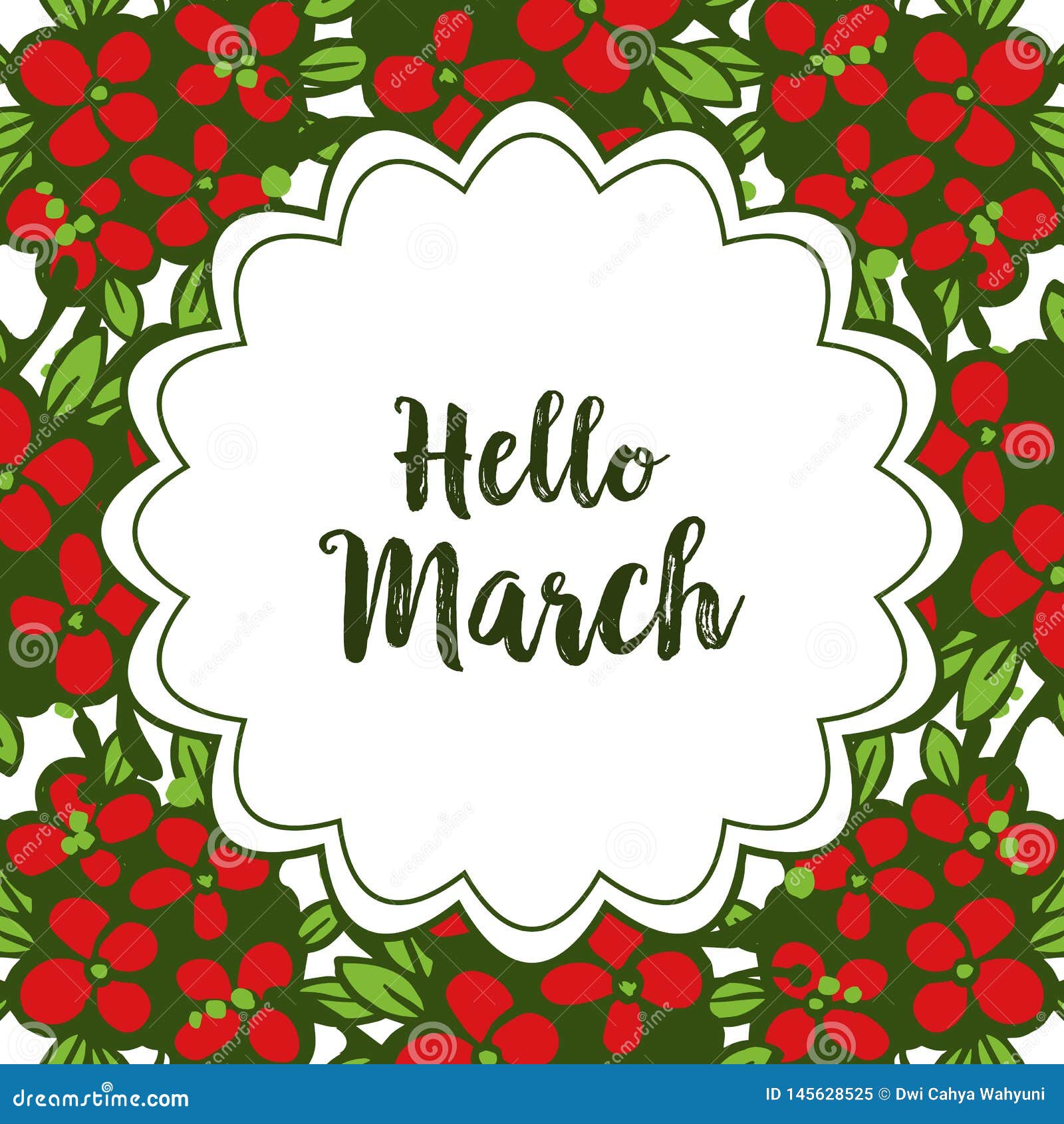 Vector Illustration Text Hello March with Red Flower Frame Stock Vector ...