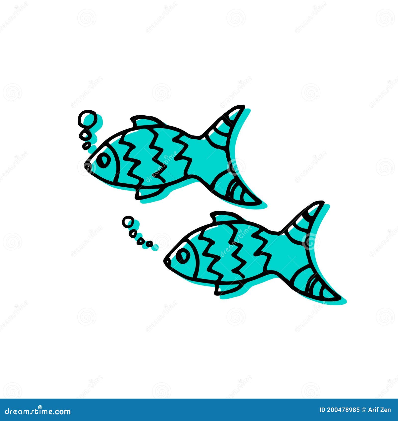 Vector Illustration of Thin Black Outline Two Blue Fish with Bubble ...