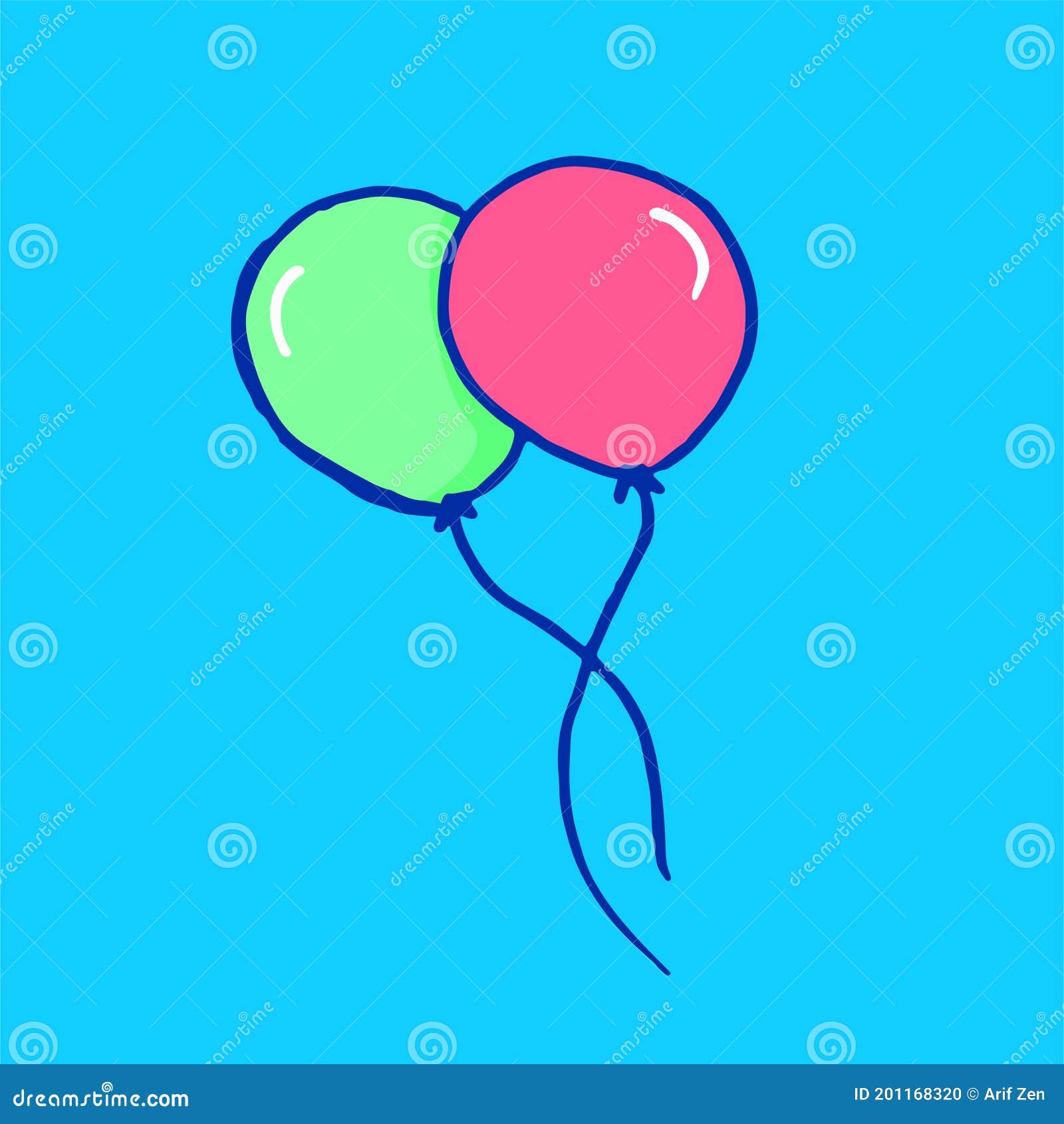 Vector Illustration Of Thin Blue Outline Twoo Balloons Isolated On Blue ...