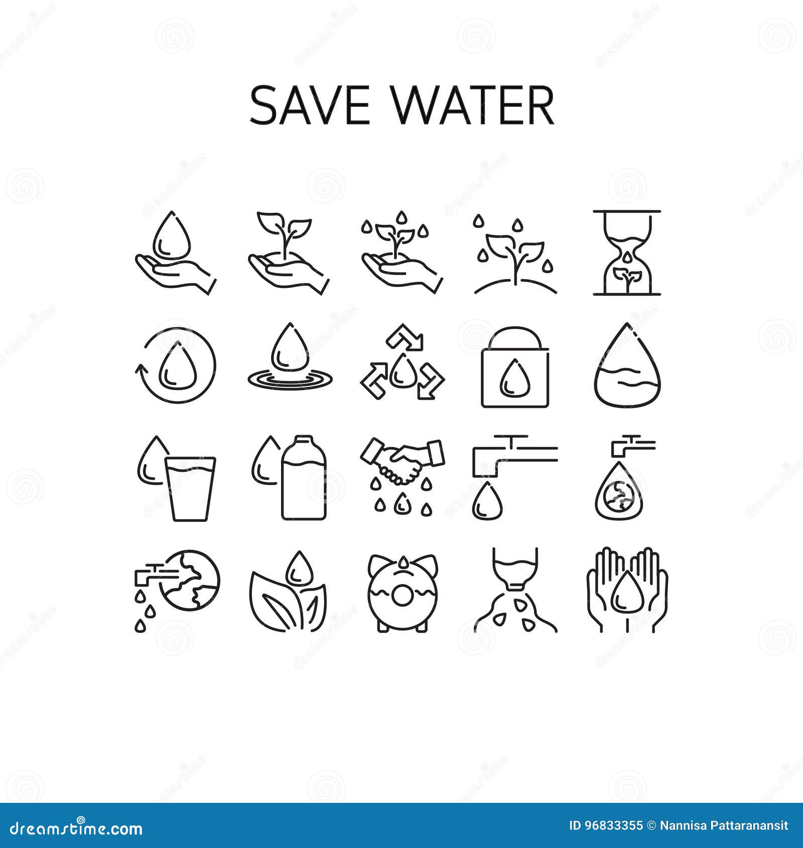 Vector Illustration of Thin Line Icons for Save Water. Stock Vector ...