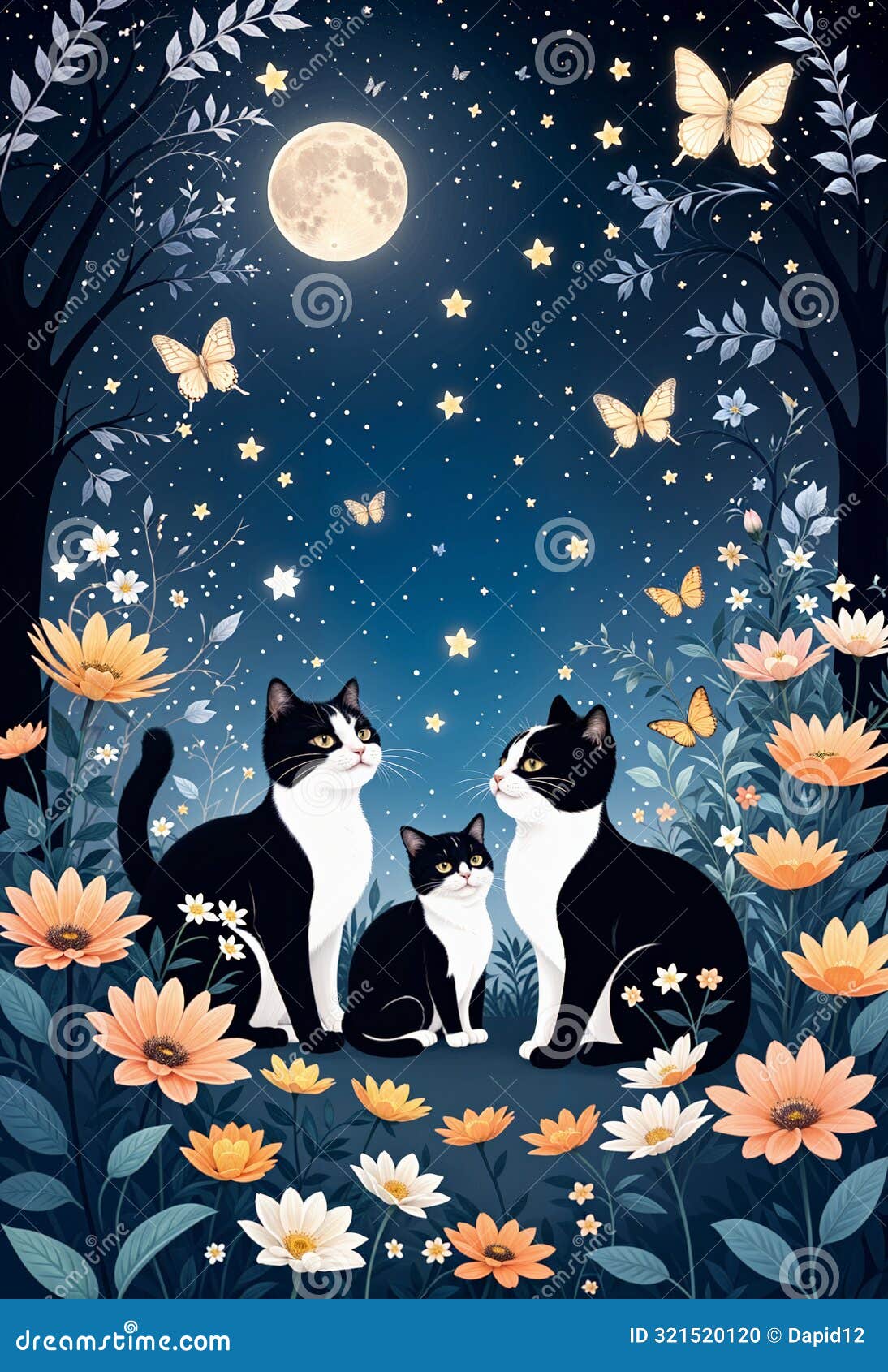 A Vector Illustration of Three Cats with Butterflies and a Moon in the ...