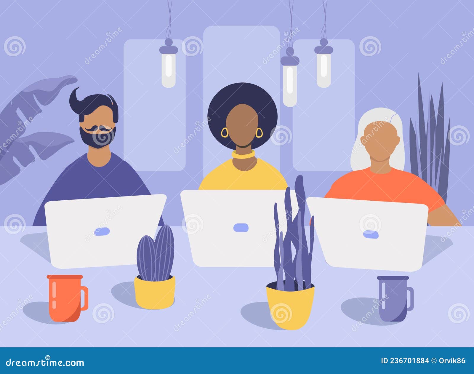Vector Illustration - Three Characters of Different Races Work in the ...