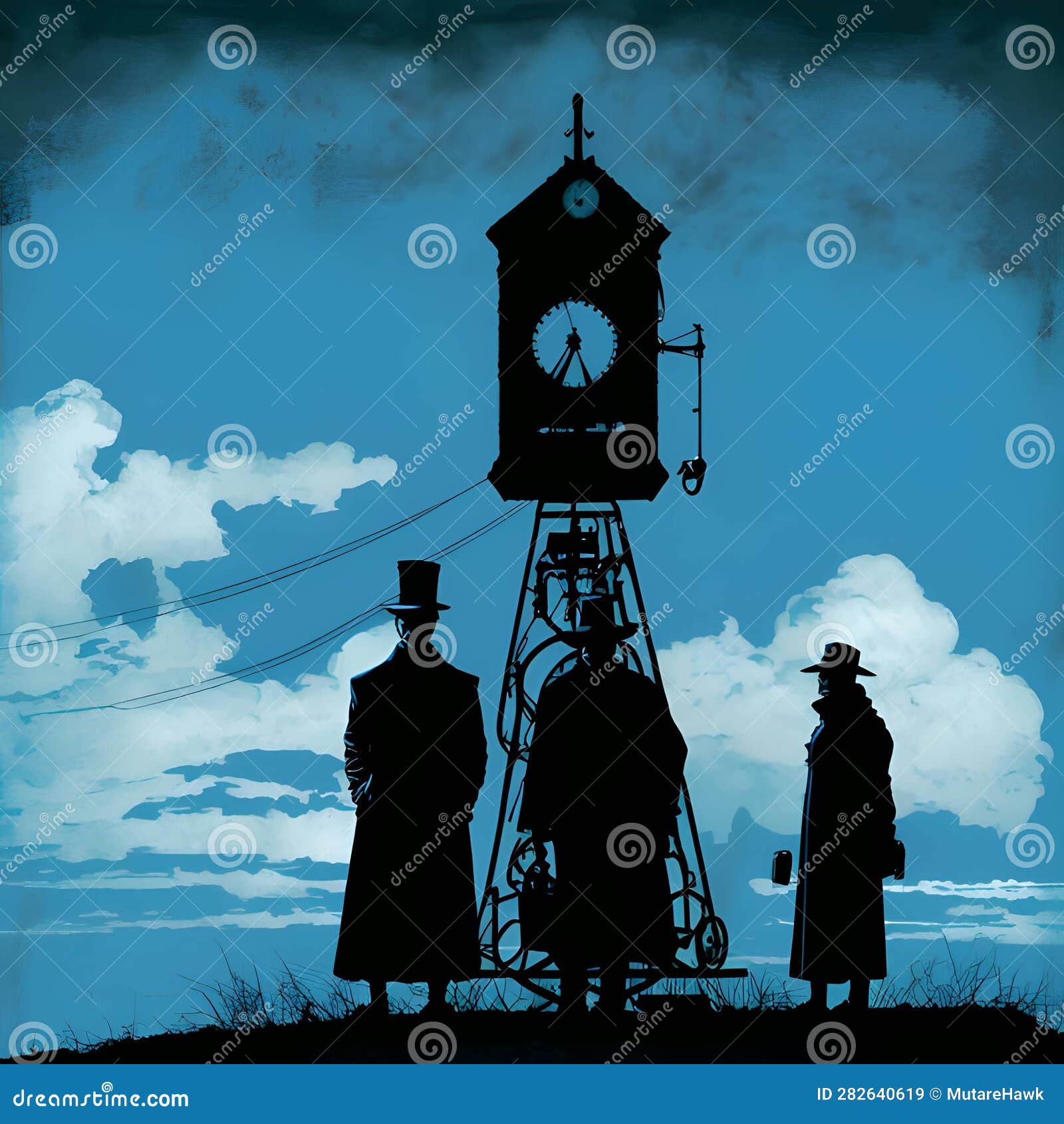 Black Silhouette of a Three Men and a Clock on Blue Background Stock ...