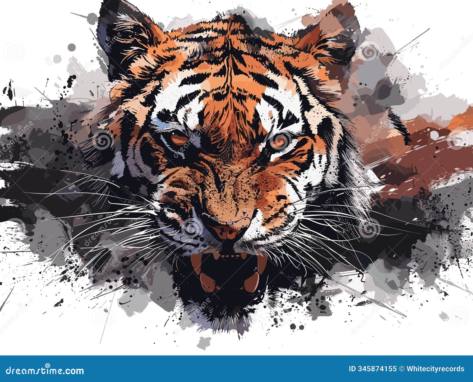 Vector Illustration of a Tiger on a Grunge Background with Splashes ...