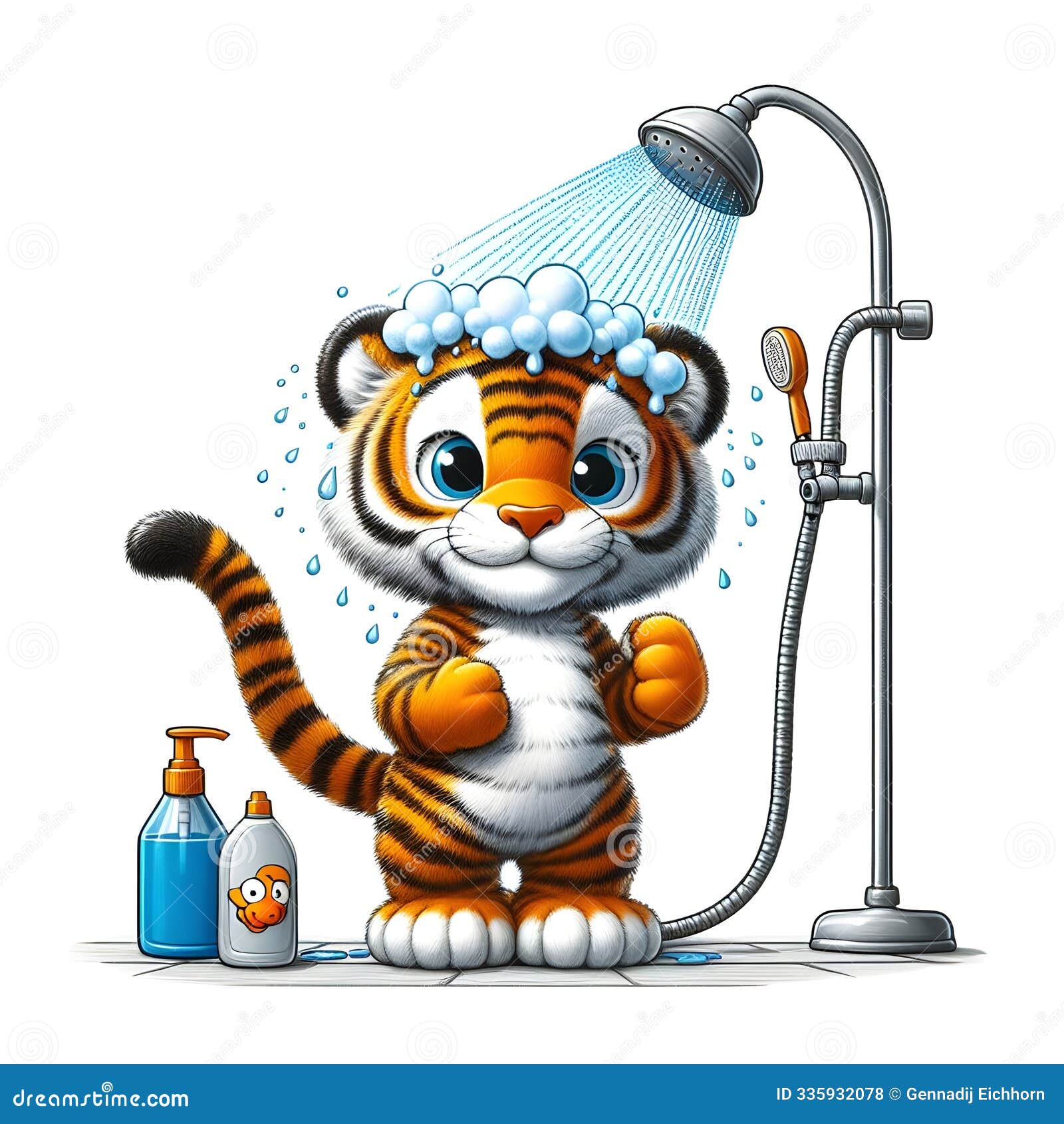 Vector Illustration of a Tiger with a Shower and Water Drops on a White ...