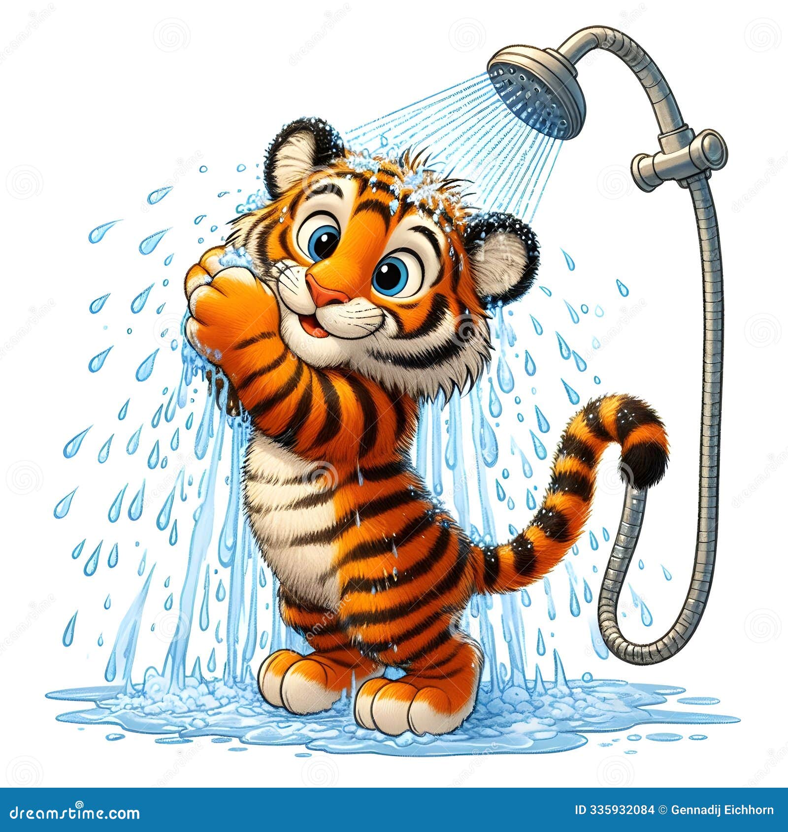 Vector Illustration of a Tiger with a Shower and Water Drops on a White ...