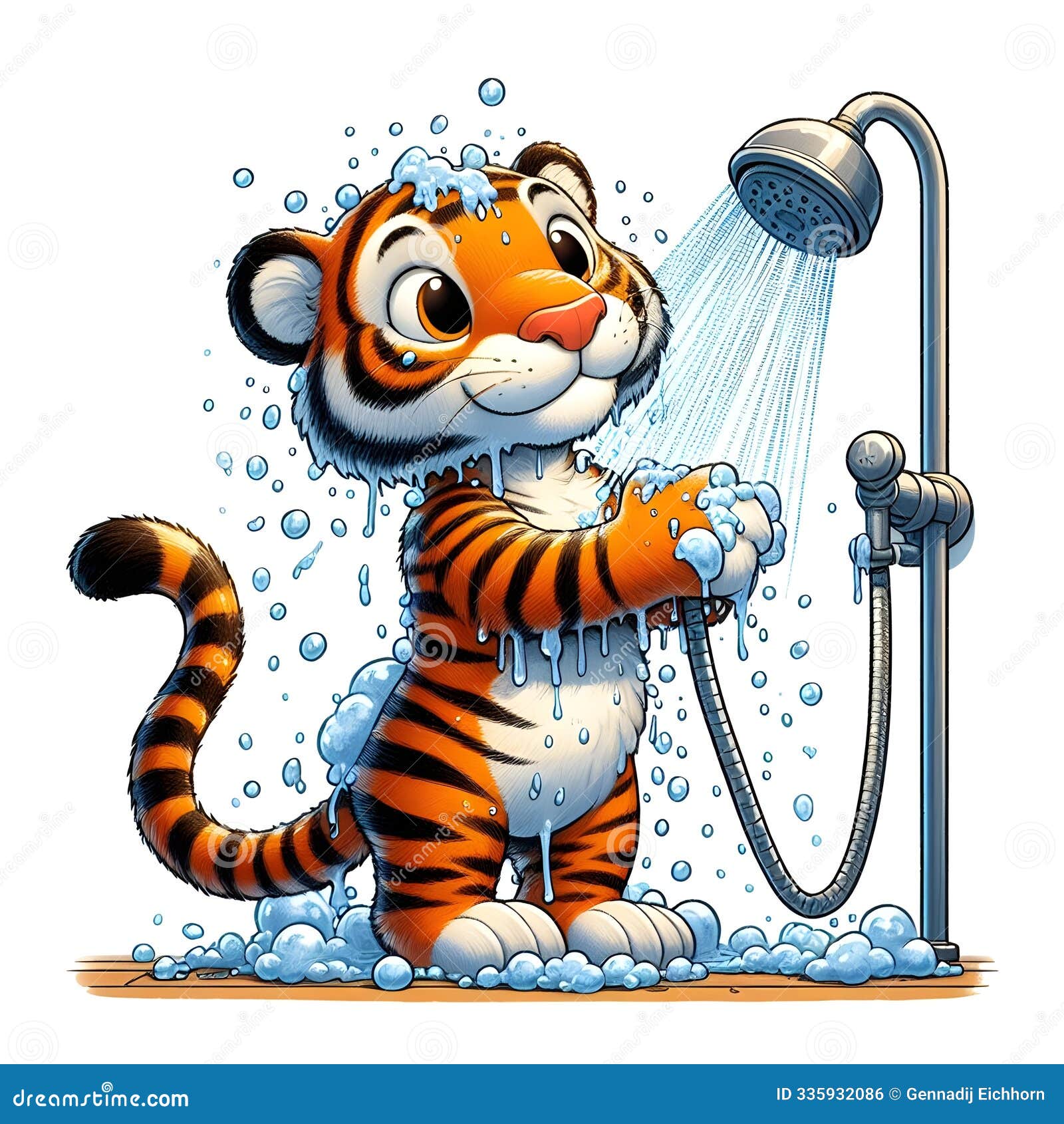 Vector Illustration of a Tiger with a Shower and Water Drops on a White ...