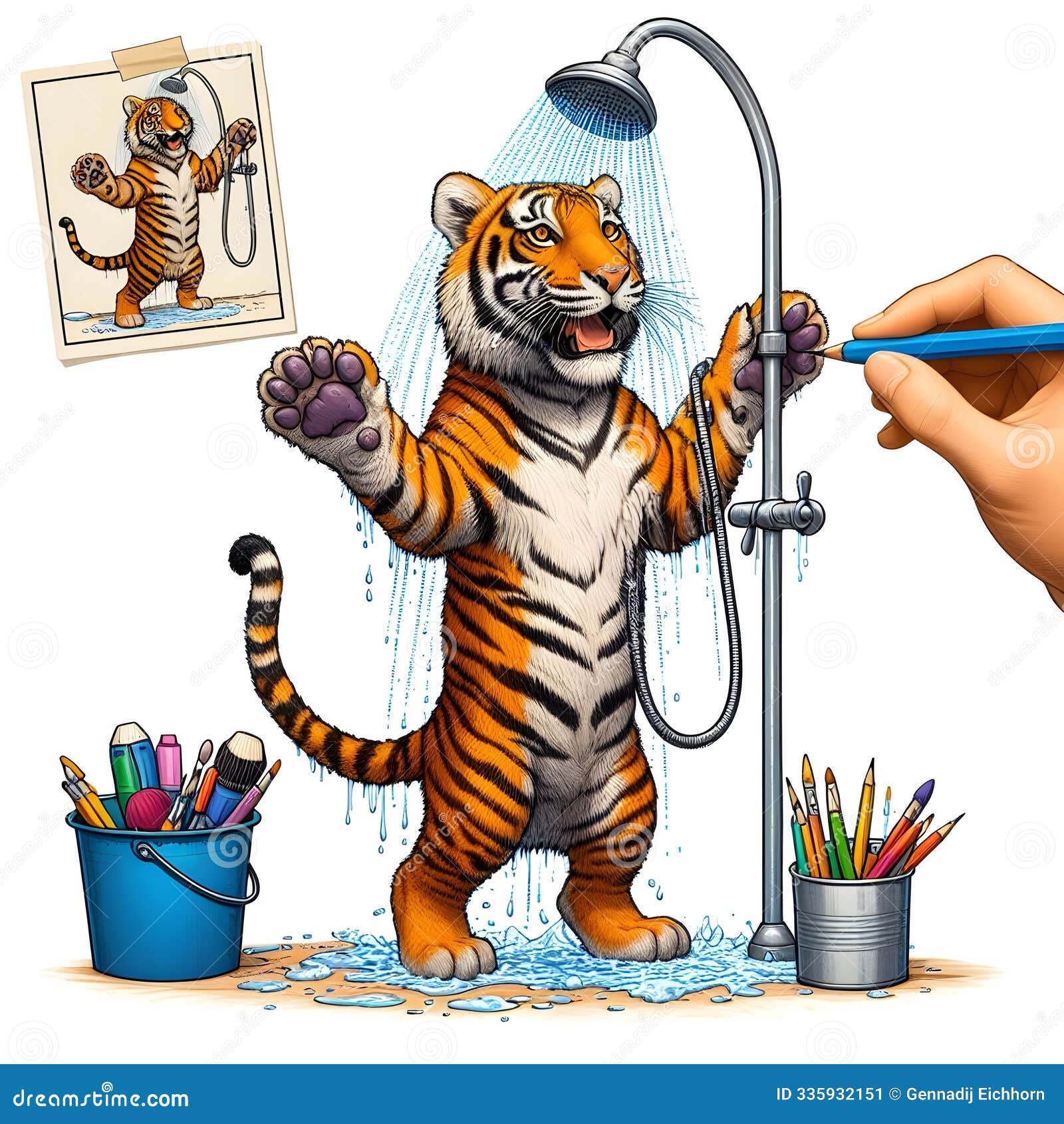 Vector Illustration of a Tiger with a Shower and Water Drops on a White ...