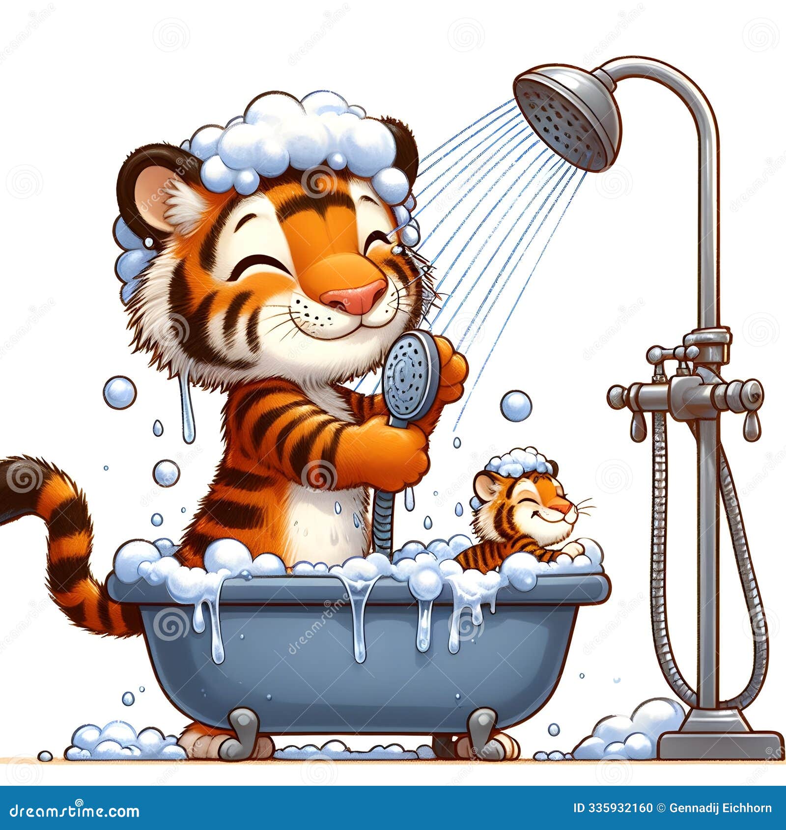 Vector Illustration of a Tiger with a Shower and Water Drops on a White ...
