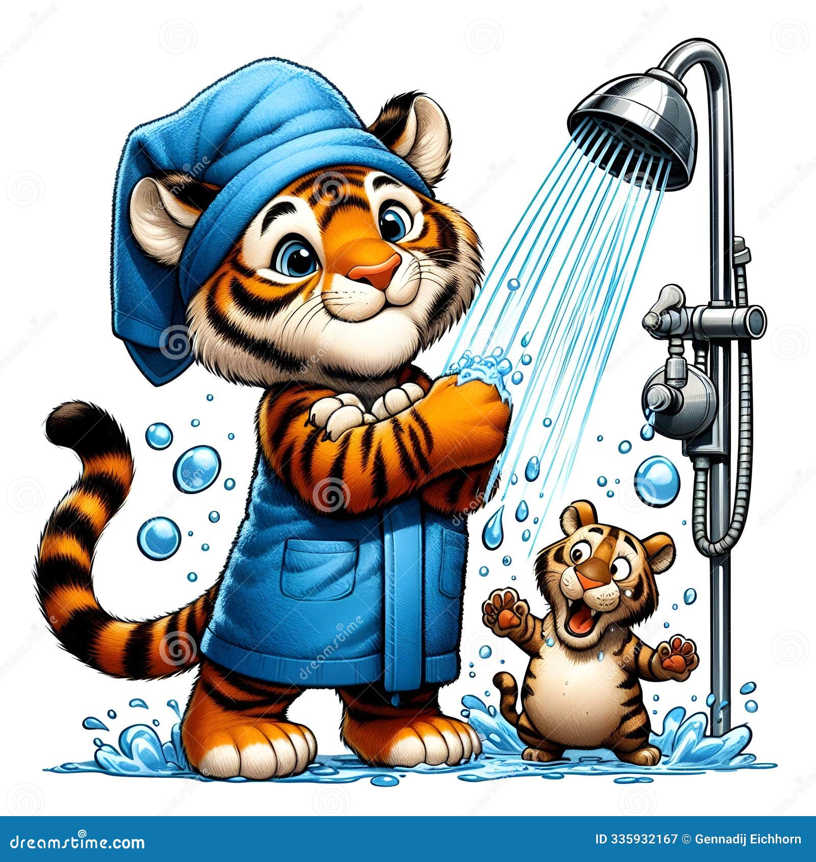Vector Illustration of a Tiger with a Shower and Water Drops on a White ...