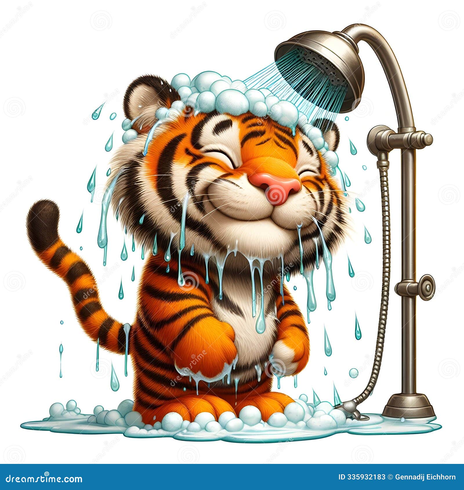 Vector Illustration of a Tiger with a Shower and Water Drops on a White ...