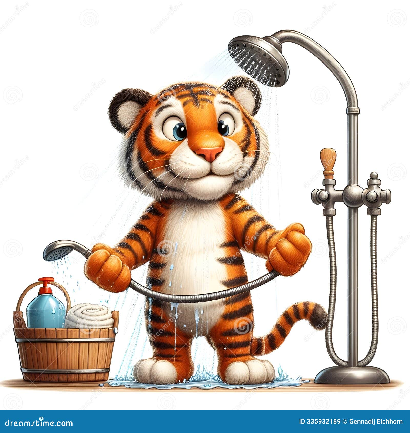 Vector Illustration of a Tiger with a Shower and Water Drops on a White ...