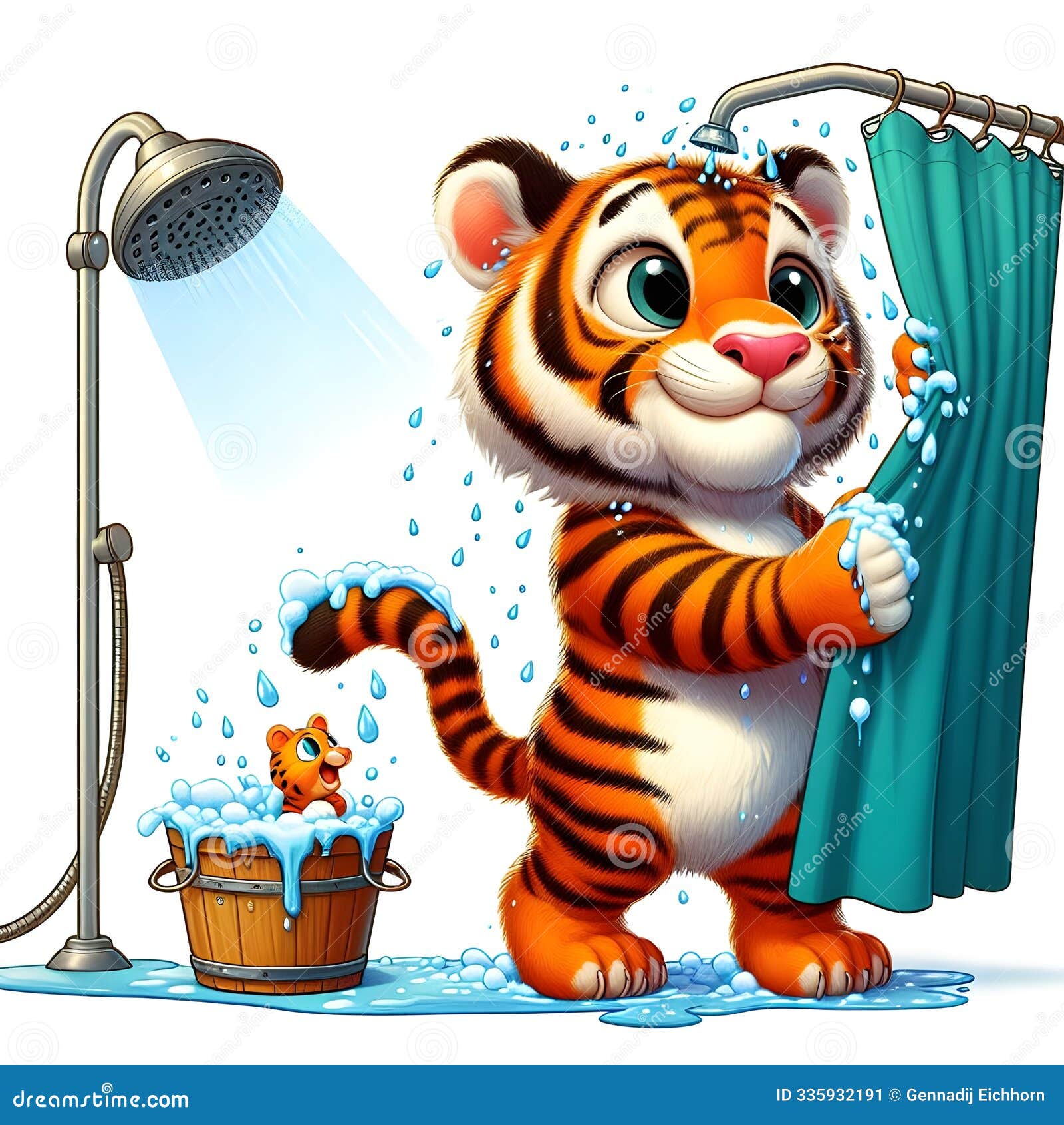 Vector Illustration of a Tiger with a Shower and Water Drops on a White ...