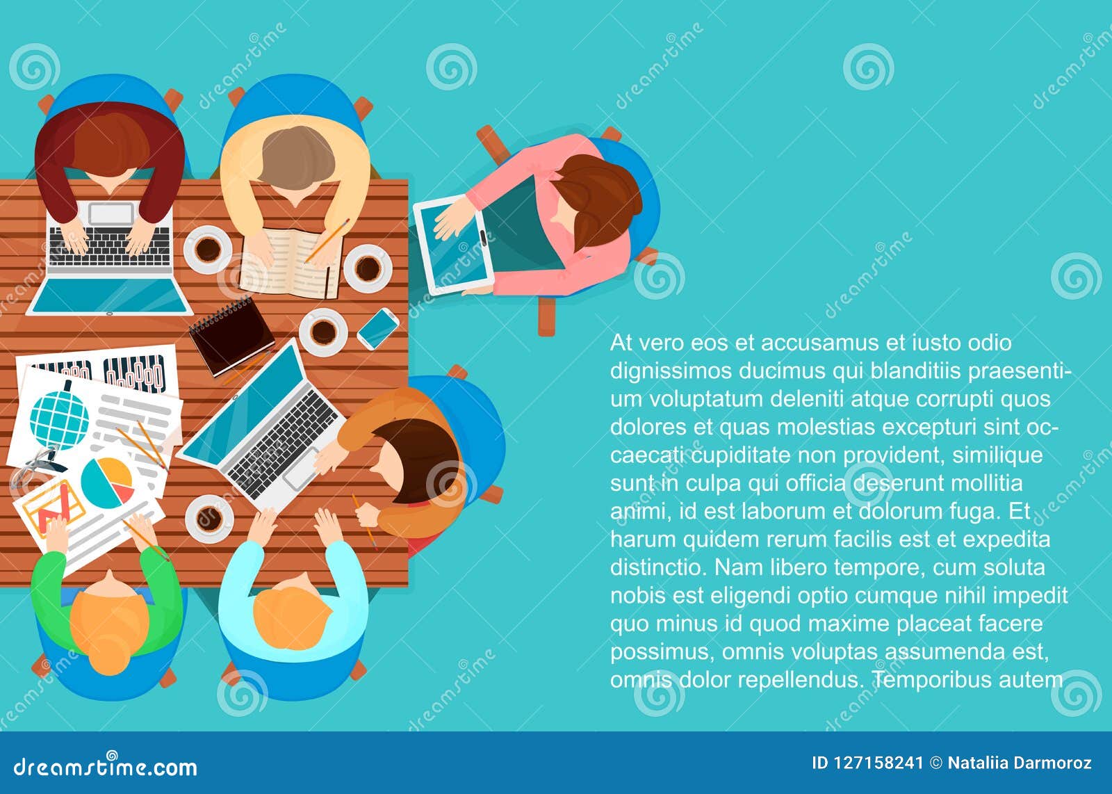 Vector Illustration Top View of Working People at the Table with ...