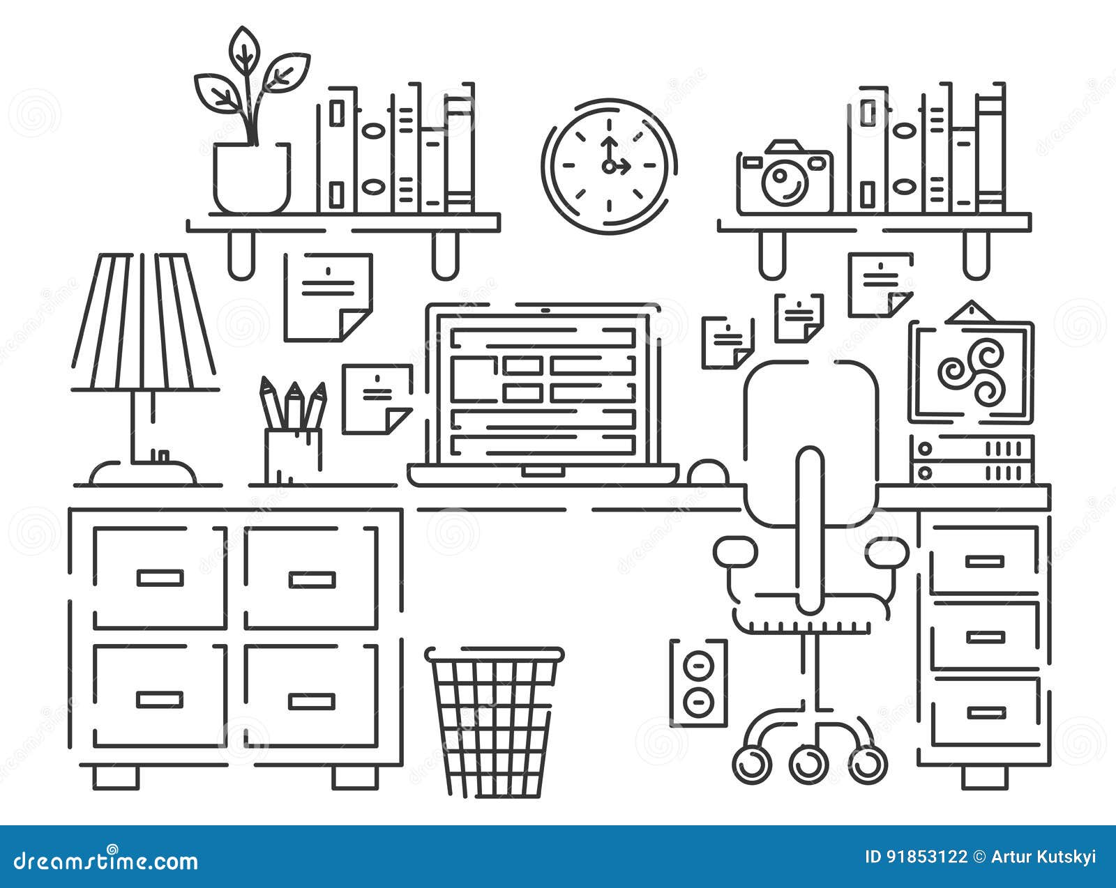 Vector Illustration Of Torn Line Table With Computer. Outline Dash ...