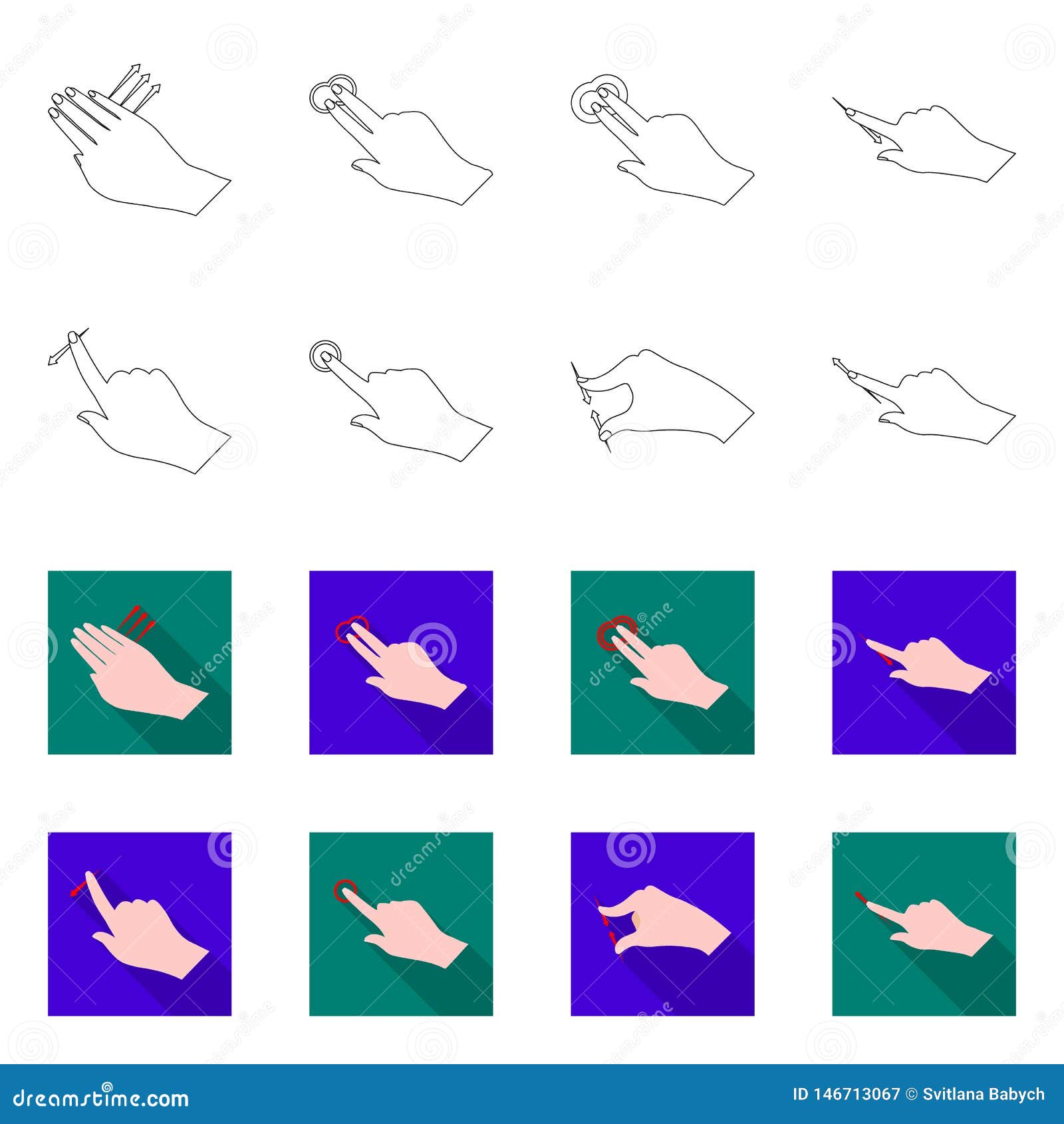 Vector Illustration of Touchscreen and Hand Sign. Set of Touchscreen ...