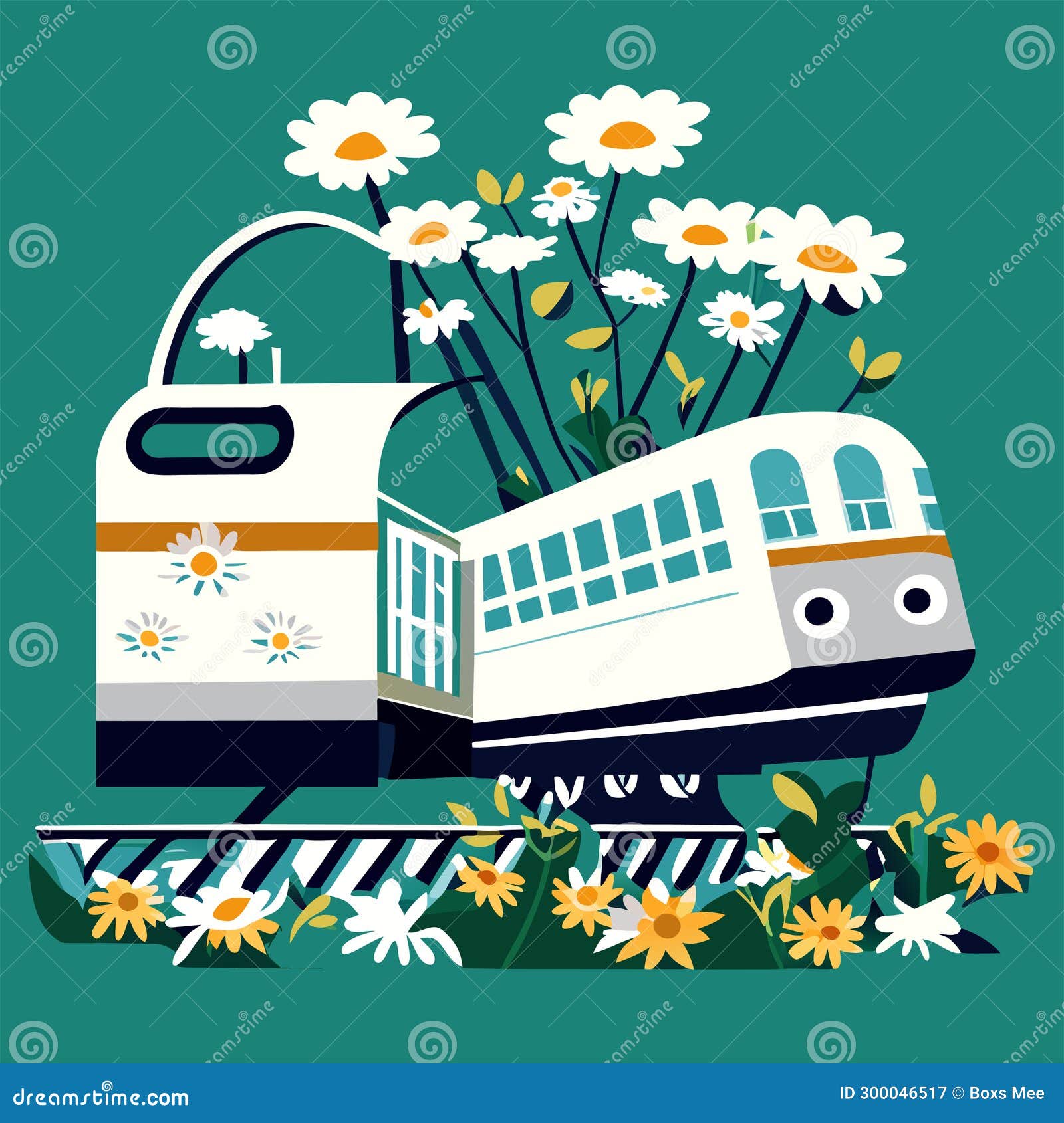 Vector Illustration of a Train on a Green Background with Daisies ...