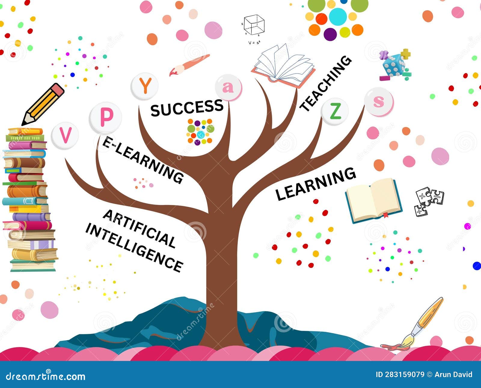 Illustration of a Tree with Books and Icons. Education Concept Stock ...