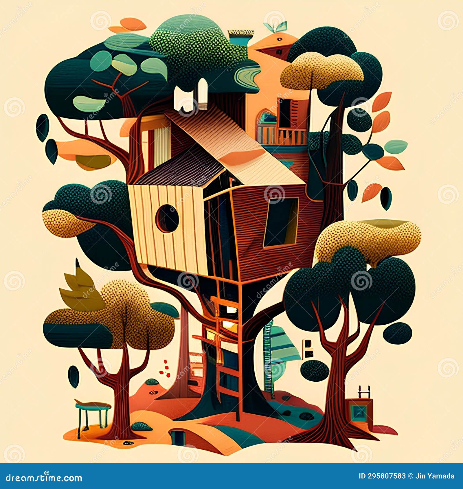 Vector Illustration of a Tree House in the Forest. Illustration in ...