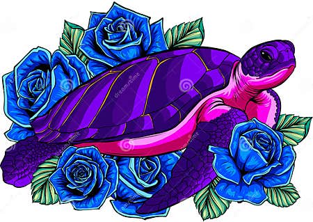 Vector Illustration of Turtle with Roses on White Background Stock ...