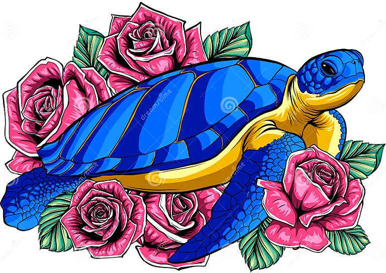 Vector Illustration of Turtle with Roses on White Background Stock ...
