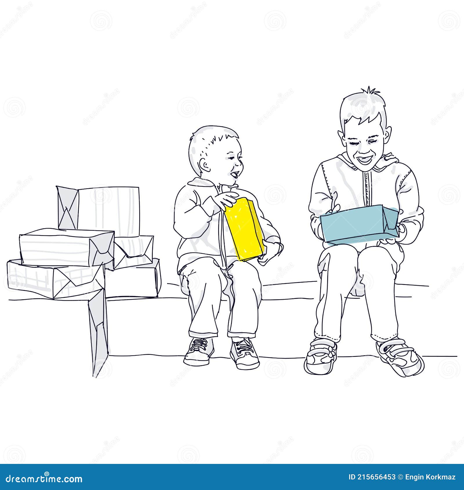 Vector Illustration of Two Boys Opening Gift Boxes with Joy Stock ...