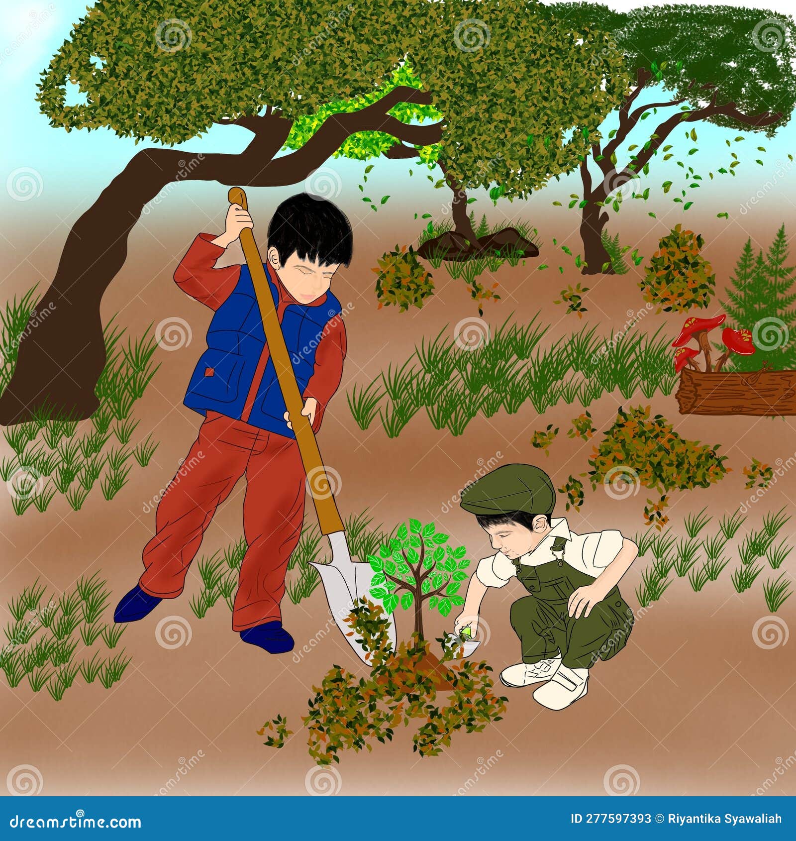 Vector Illustration of Two Boys Planting a Tree in the Middle of a ...