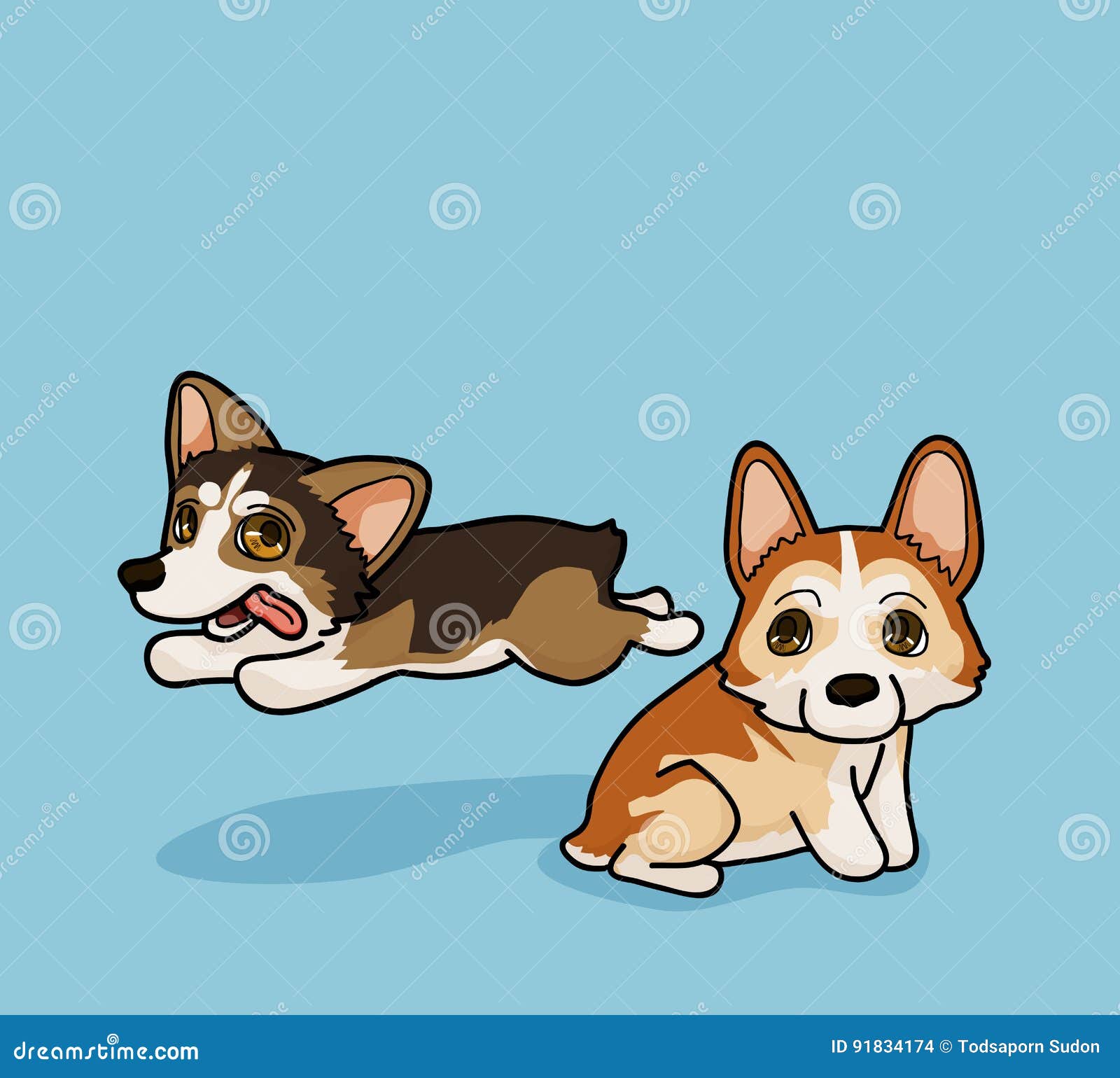 Vector Illustration Two Cute Corgi Have Fun Time in Cartoon Style Stock ...