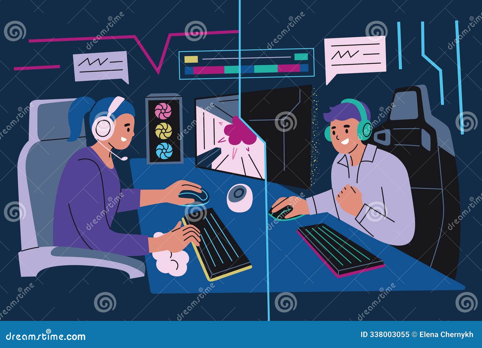 Vector Illustration of Two Gamers Communicating Online and Playing ...