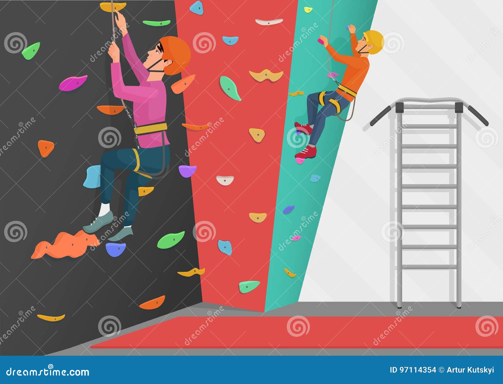 Vector Illustration of Two People Training on Rock-climbing Wall. Stock ...