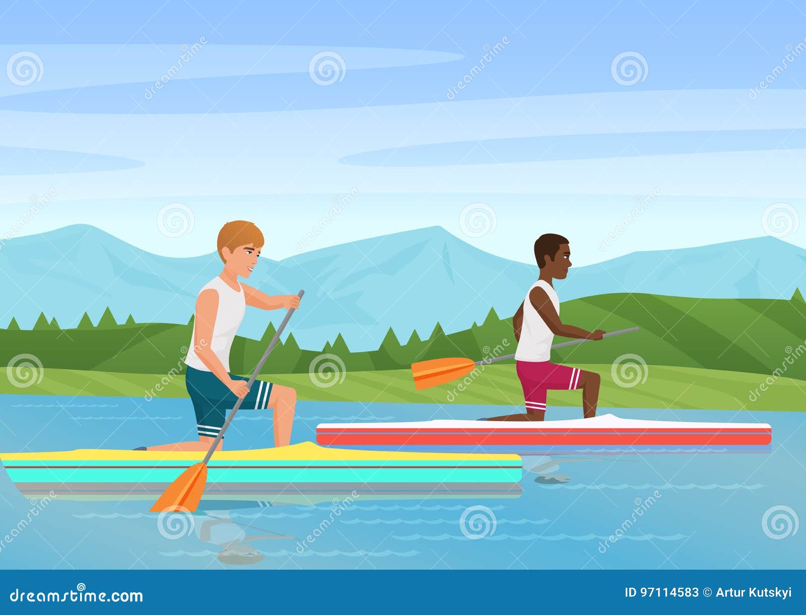 Vector Illustration of Two Sportsmen Rowing and Competiting on River ...