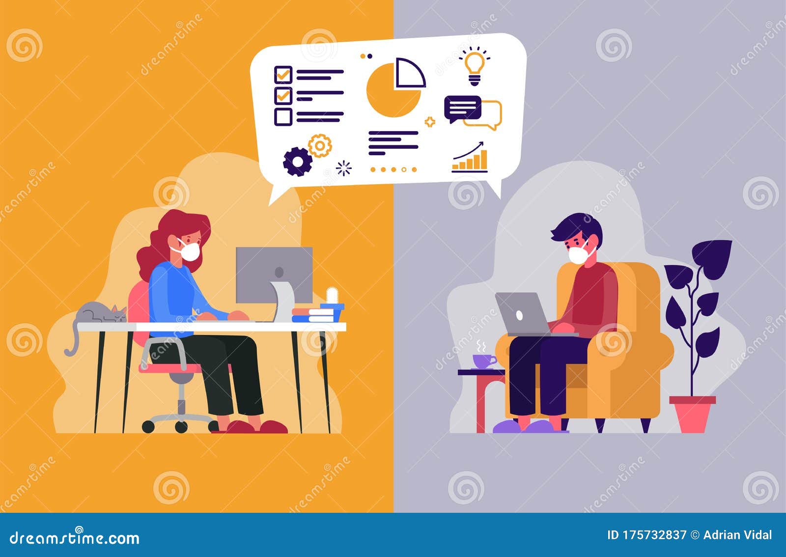Vector Illustration of Two Workers Telecommuting Stock Vector ...